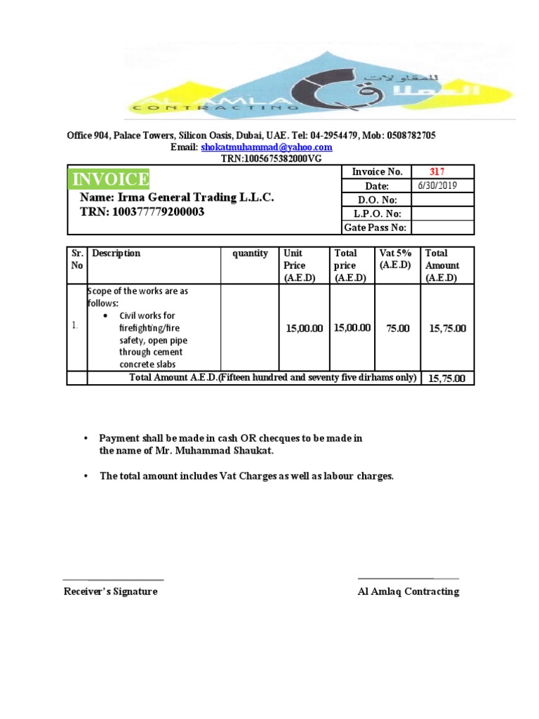 Invoice 310 6-30-2019 Irma General Trading | PDF