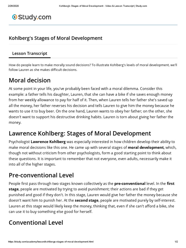 Kohlberg's Stages of Moral Development - Video & Lesson Transcript ...