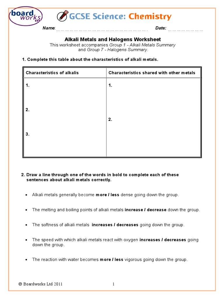 Alkali Metals and Halogens Worksheet-1452166528 | PDF | Iodine | Chlorine