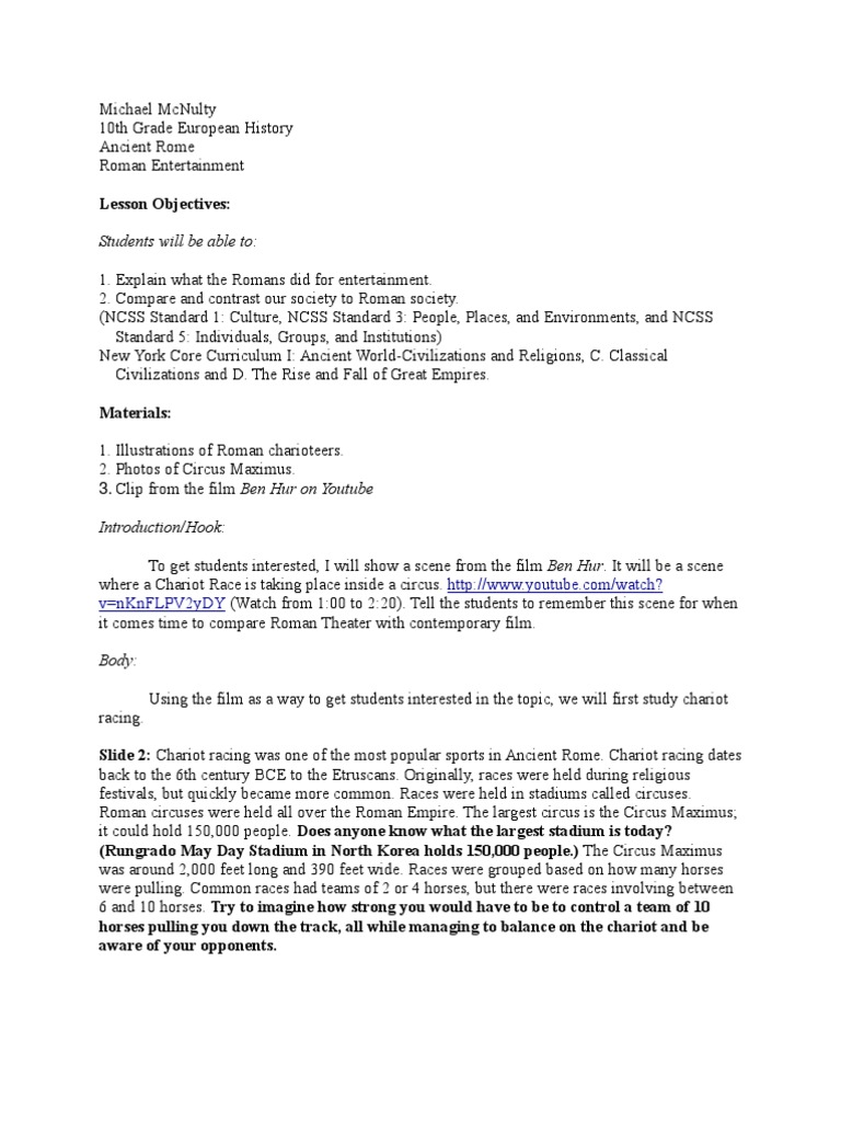 Lesson Plan (Chariot Racing Presentation Outline) Word | PDF | Chariot ...