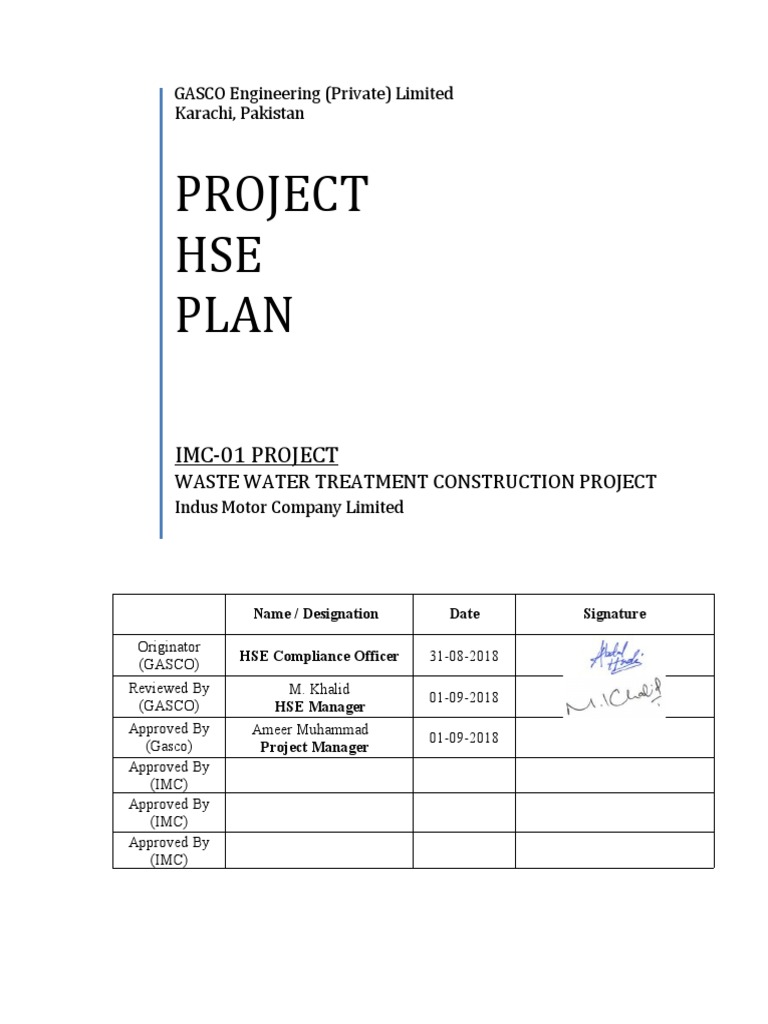 1 - Project HSE Plan - IMC-1 Project | PDF | Safety | Regulatory Compliance