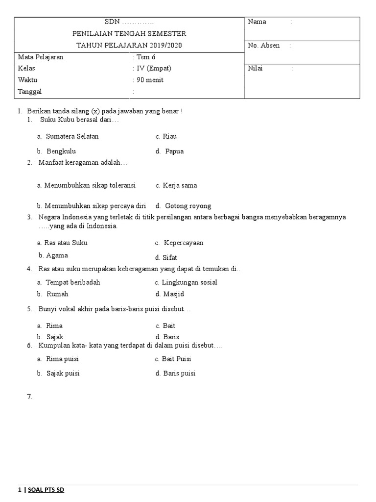 SOAL Kelas 4 PTS TEMA 6 Semester 2 | PDF