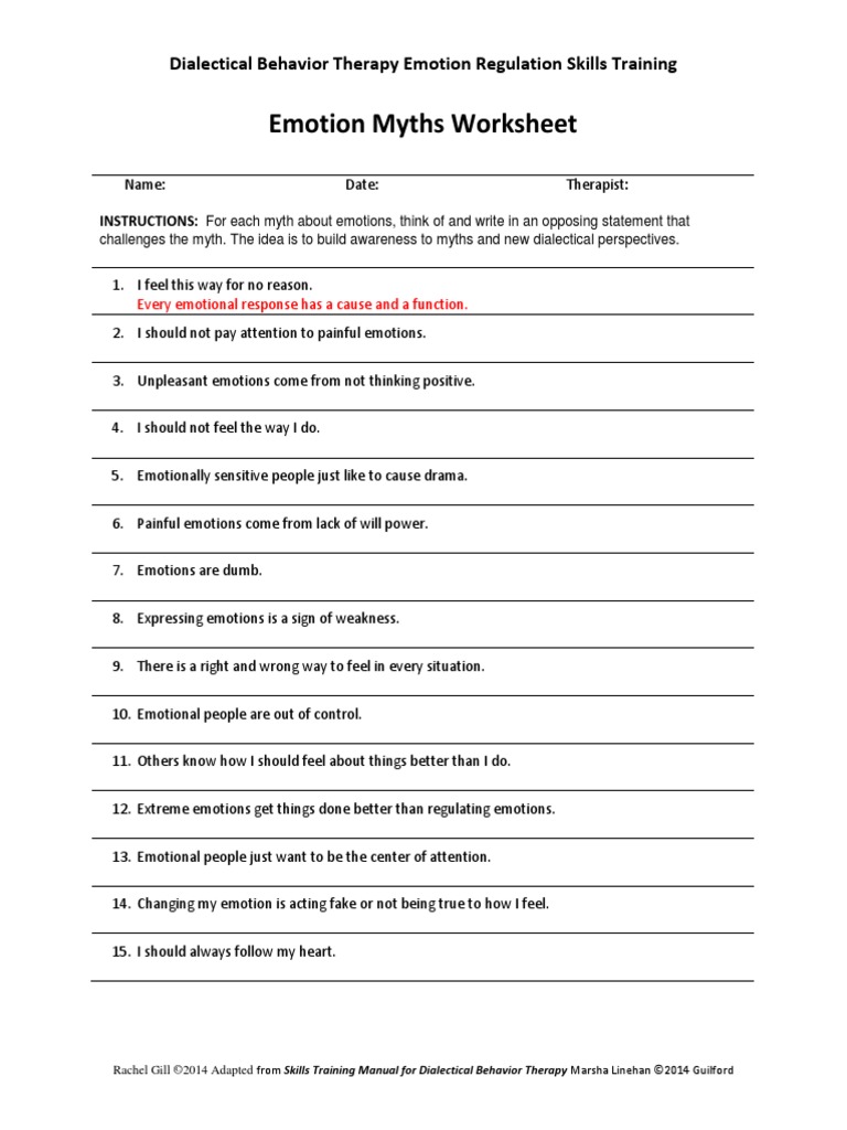 DBT Emotion Myths Worksheet by Rachel Gill | PDF