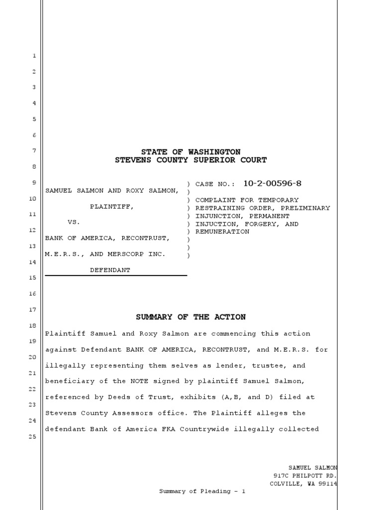 Salmon V Bank of America Complaint (Initial Pleading) | PDF ...
