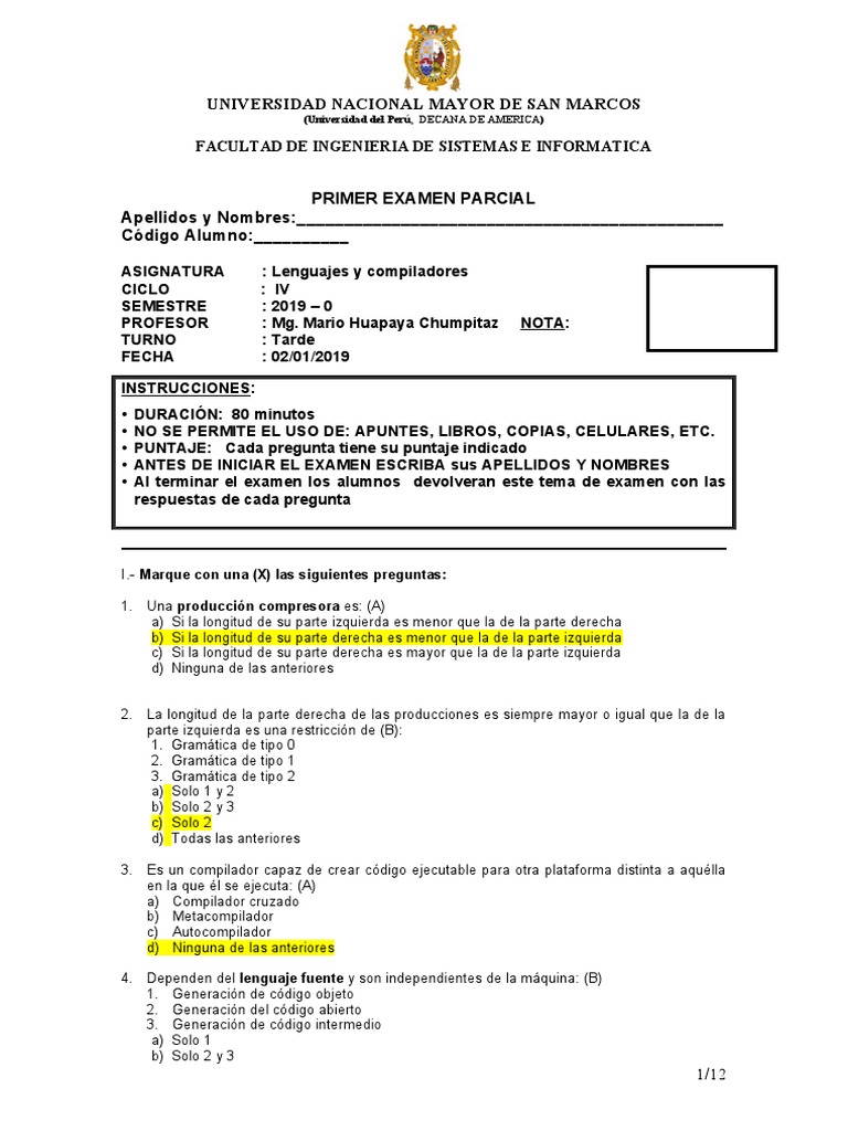 Examen Parcial de Lenguaje y Compiladores Semestre 2019 - 0 02-02-2019 Con Solucionario | PDF ...