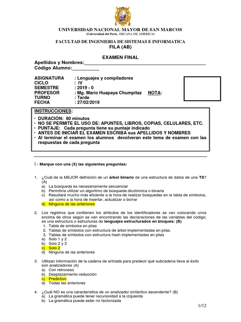 Examen Final de Lenguaje y Compiladores Semestre 2019-0 Del Aula 103 25 ...