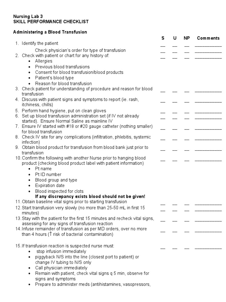 Nursing Lab 3 Skill Performance Checklist Administering A Blood ...