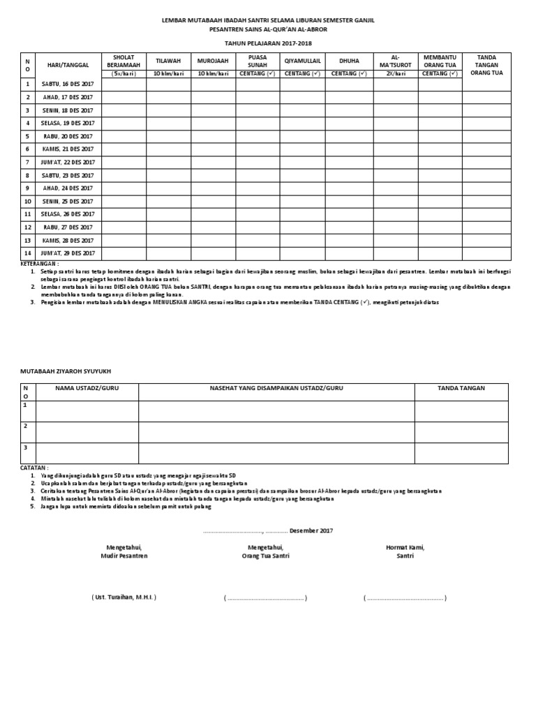 Lembar Mutabaah Ibadah Santri Selama Liburan Semester Ganjil | PDF