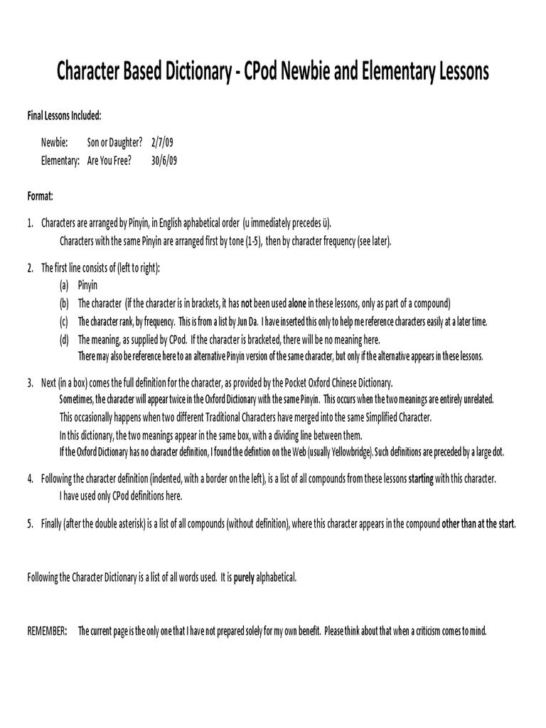 Character Based Dictionary - Newbie and Elementary Lesson PDF | PDF ...