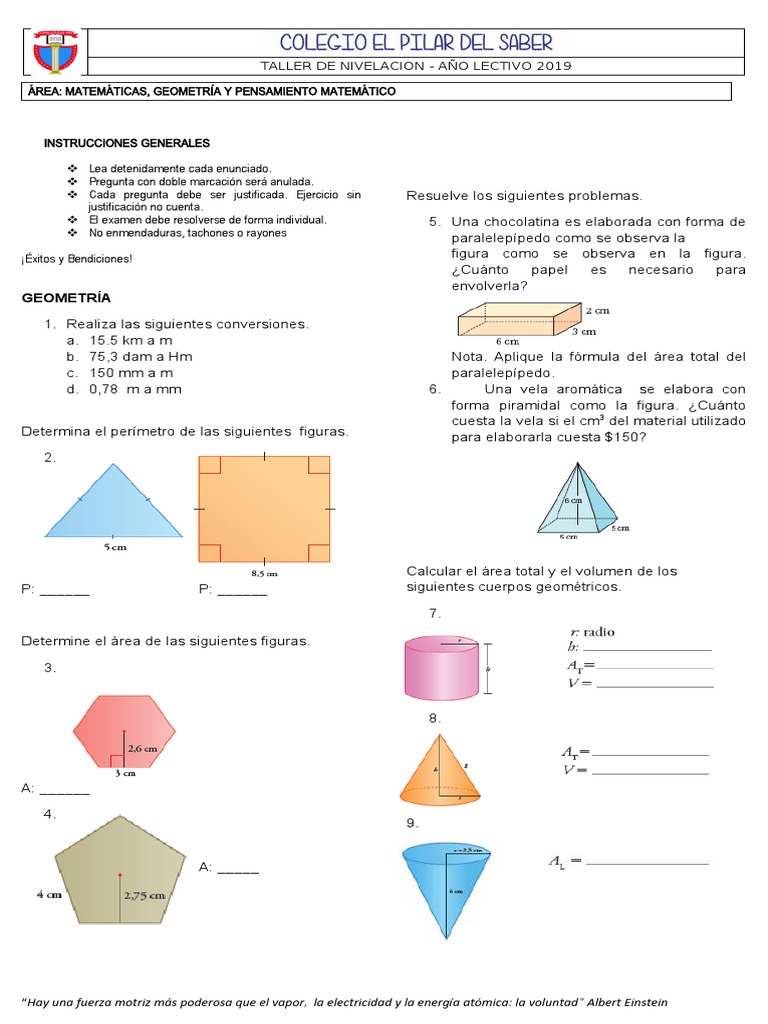 Taller de Nivelacion de Mat, Geom y Pen Mat 7°gbs | PDF | Física | Enseñanza de matemática