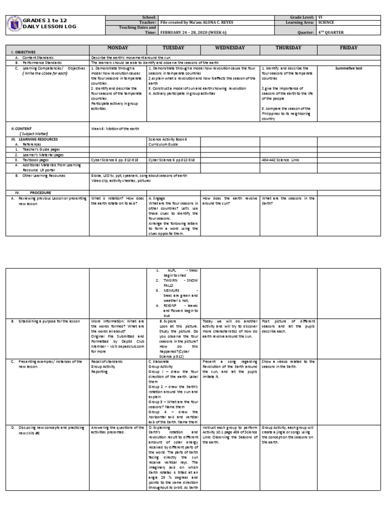 DLL - Science 6 - Q4 - W6 | PDF | Rotation | Earth
