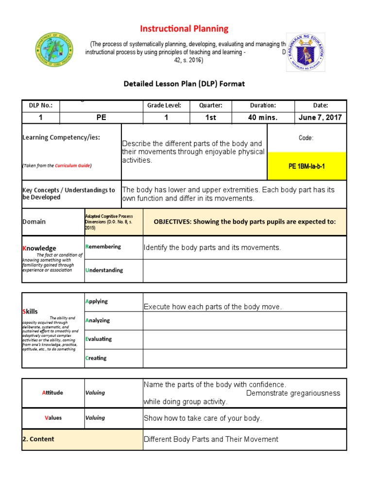 DLP Pe 1 Q 1 Vol 1 | PDF | Lesson Plan | Learning