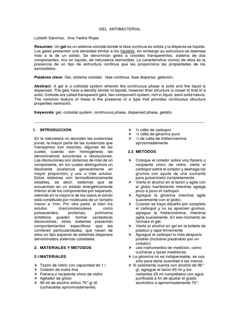Gel Antibacterial: Composición y Método | PDF | Coloide | Ciencia de ...