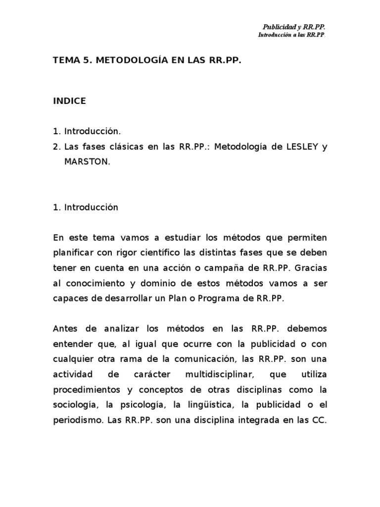 Relaciones Públicas Tema 5 - Metodologia de Las RRPP | PDF | Publicidad | Planificación