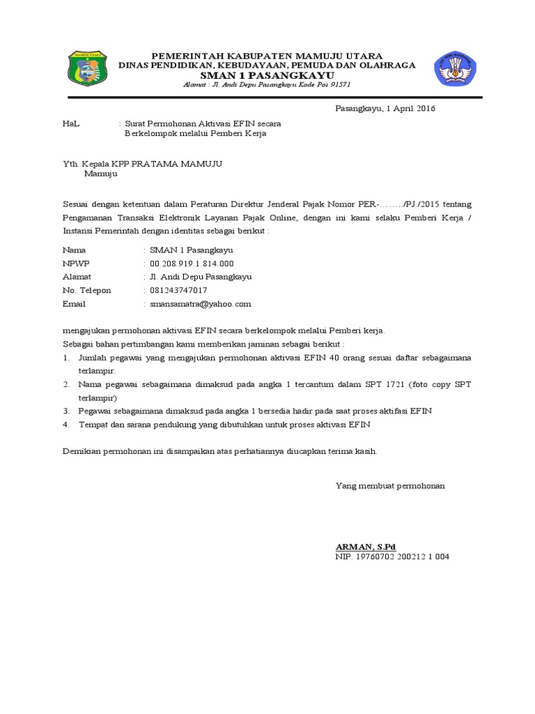 Contoh Surat Permohonan EFIN | PDF