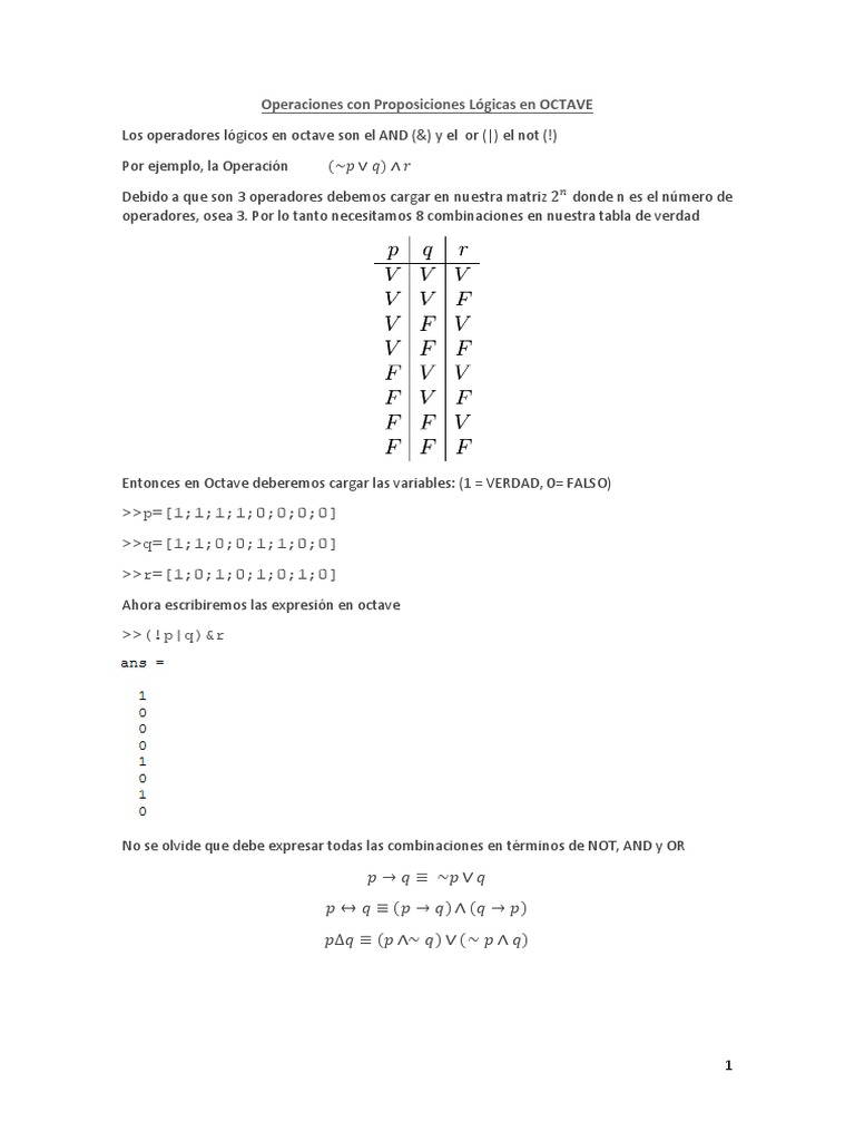 Operaciones Con Proposiciones Lógicas en OCTAVE PDF | PDF