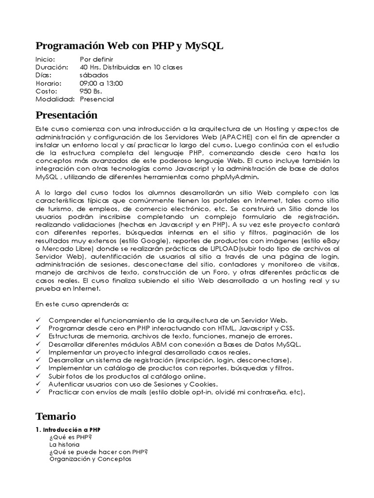 Contenido Curso PHP - Ejemplo PDF | PDF | Php | Servidor web