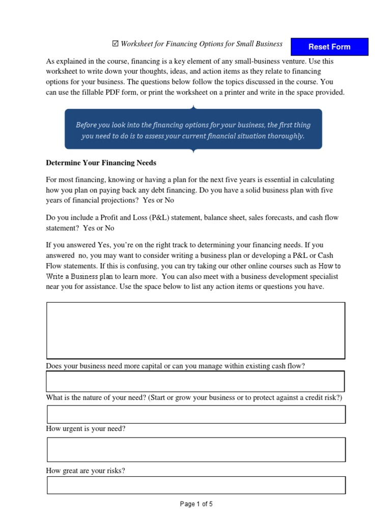 Small Business Financing Worksheet | PDF | Loans | Income Statement