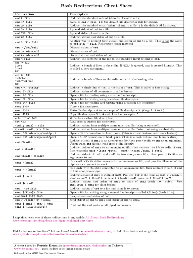 BASH Redirections Cheat Sheet | PDF | Unix | Software BASH Redirections Cheat Sheet | PDF | Unix | Software