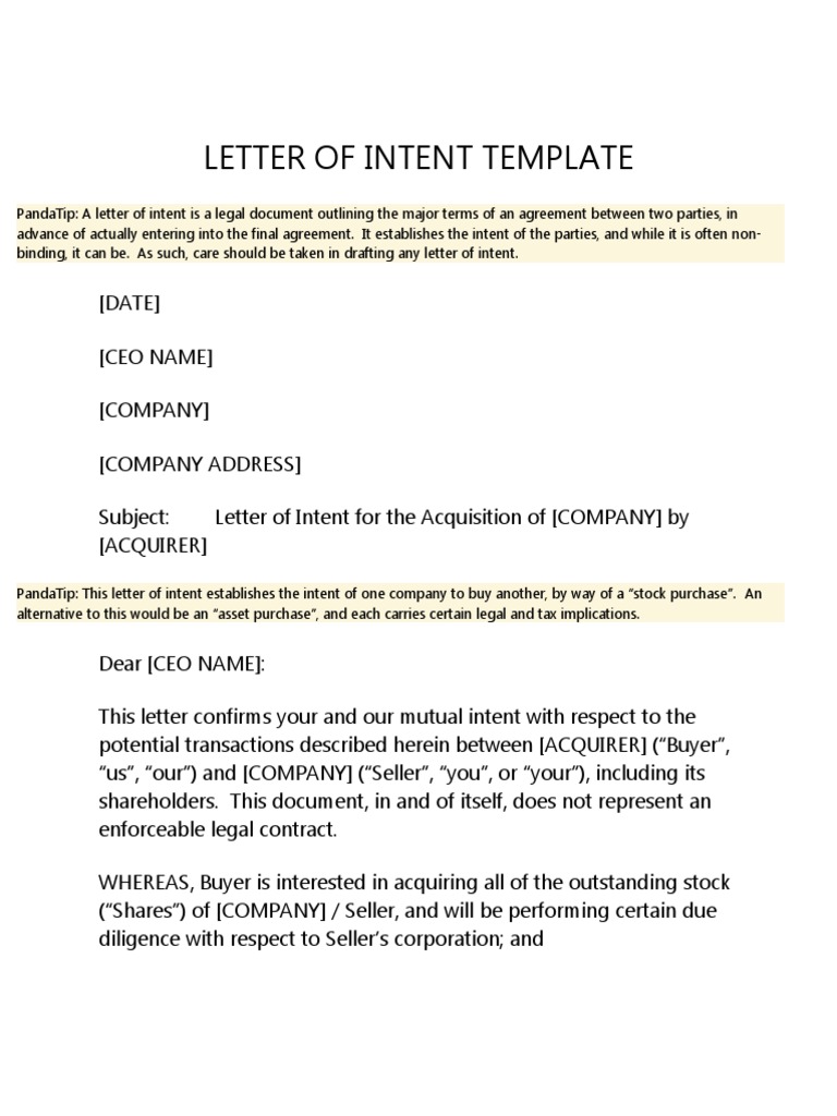 Letter of Intent Template | PDF | Mergers And Acquisitions | Non ...