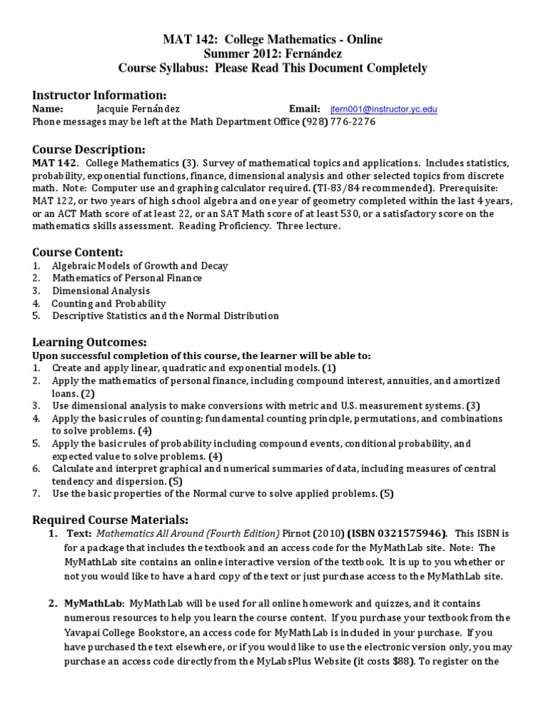 MAT 142 Syllabus - Fernandez | PDF | Homework | Textbook