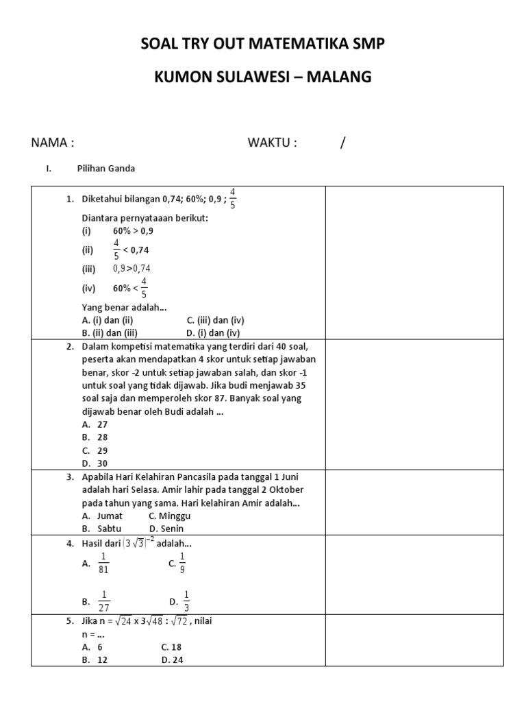 Soal Try Out Matematika SMP | PDF