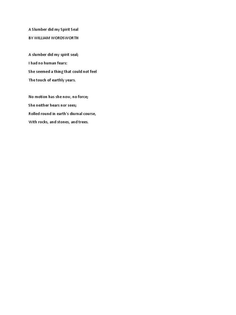 William Wordsworth's poem "A Slumber did my Spirit Seal | PDF