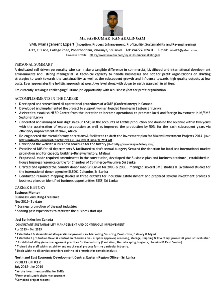 CV Sasikumar Kanakalingam | PDF | Sri Lanka | Sustainability