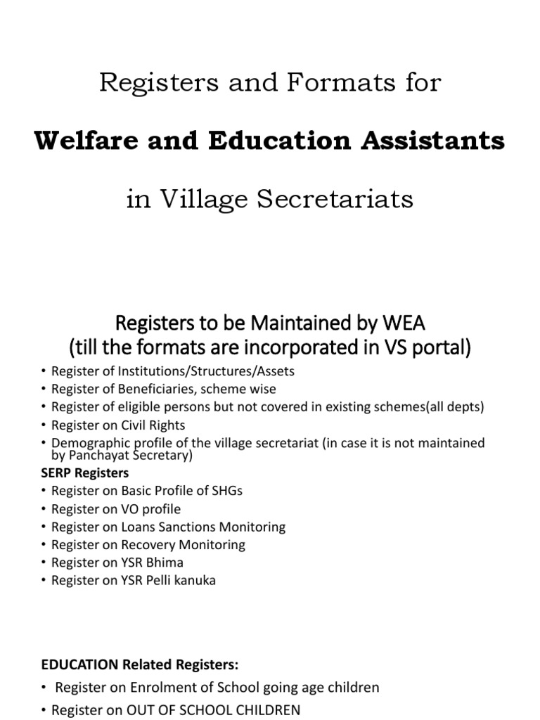 Registers for Welfare & Education Assistants | PDF