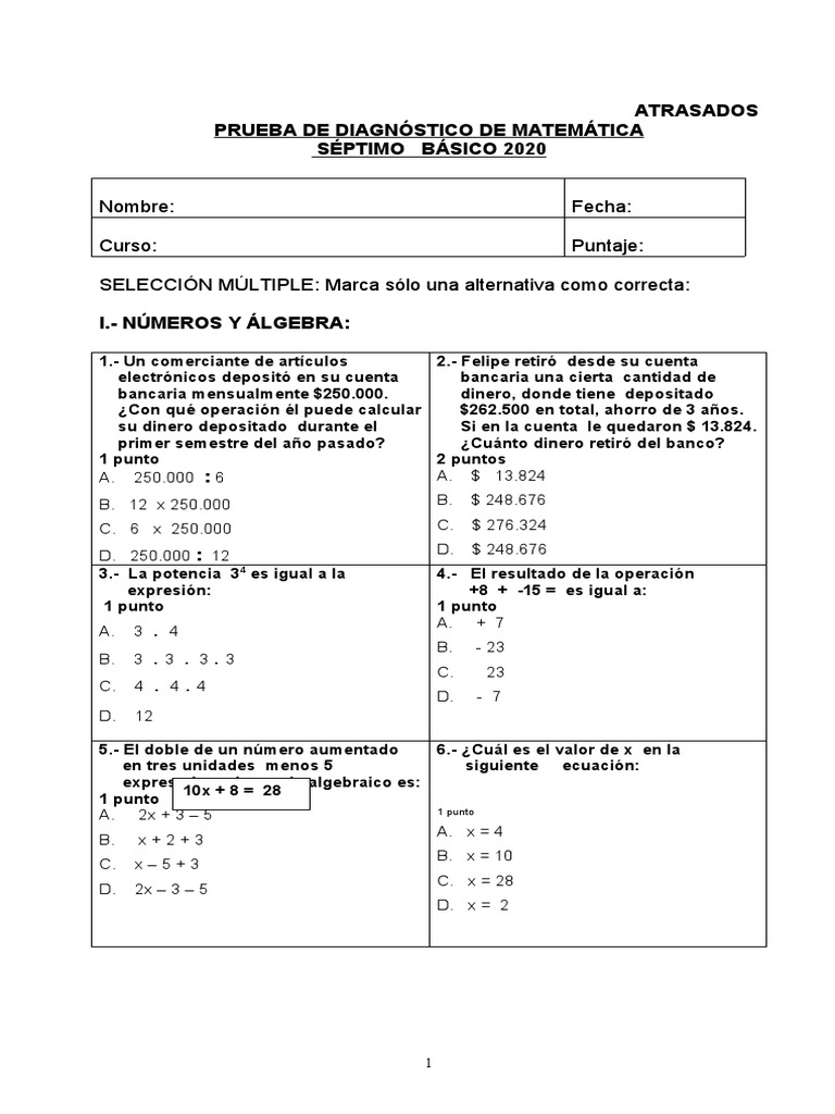 PRUEBA Y SOLUCIONARIO DIAGNOSTICO MAT 7mo ATRASADOS | PDF | Triángulo | Rectángulo