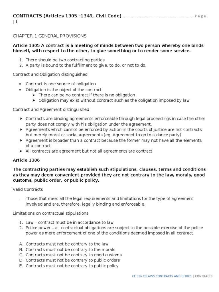 CONTRACTS Chapter 1 General Provisions | PDF | Law Of Obligations | Legal Concepts