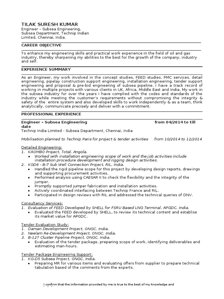 Tilak S - Resume | PDF | Pipeline Transport | Subsea (Technology)