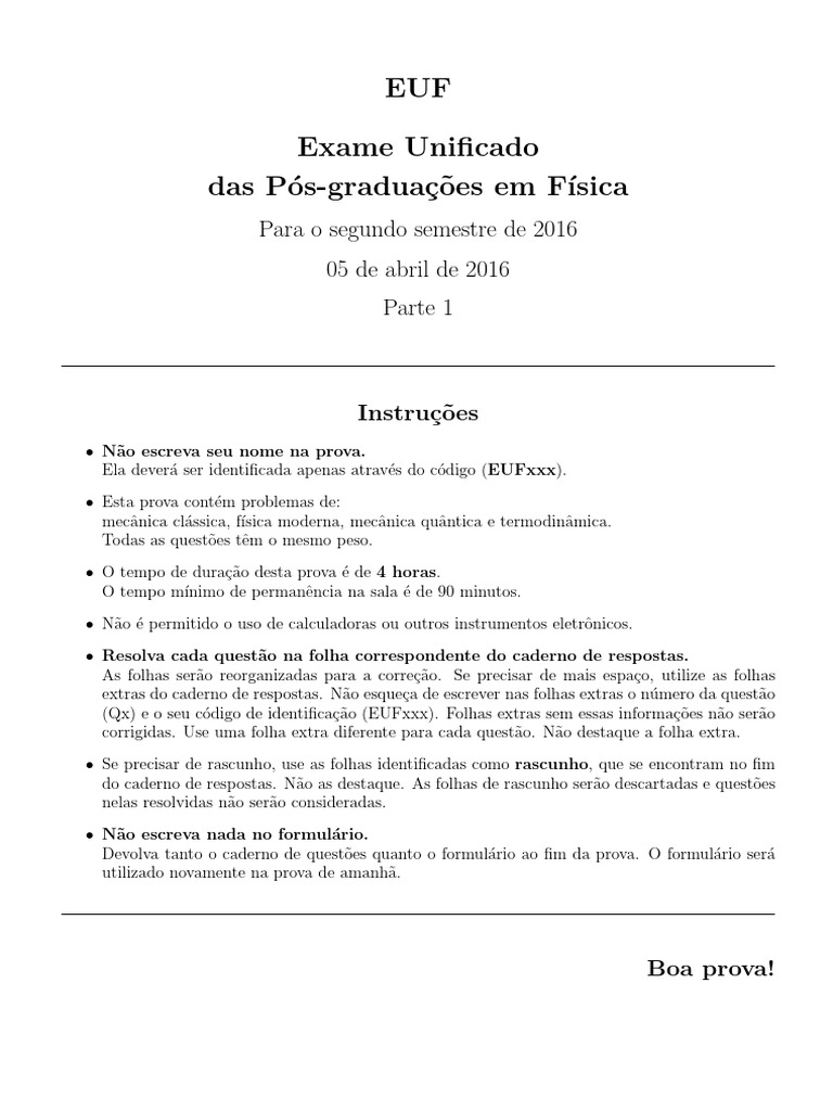 Prova - Euf 2016-1 p1 | PDF | Física Matemática | Massa
