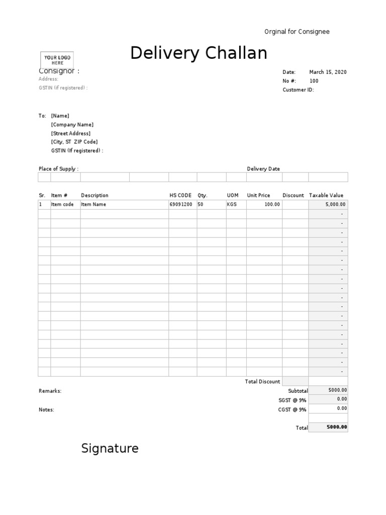Delivery Challan Format Excel | PDF | Business | Market (Economics)