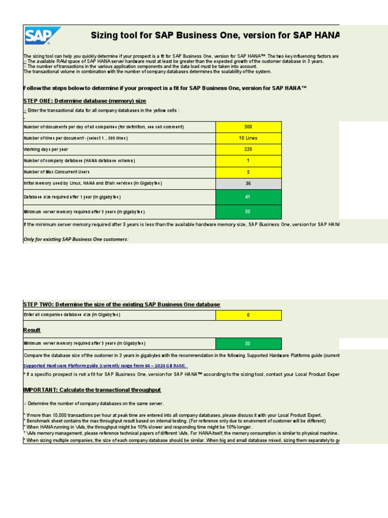 Sizing Tool For SAP Business One, Version For SAP HANA | PDF | Sap Se ...