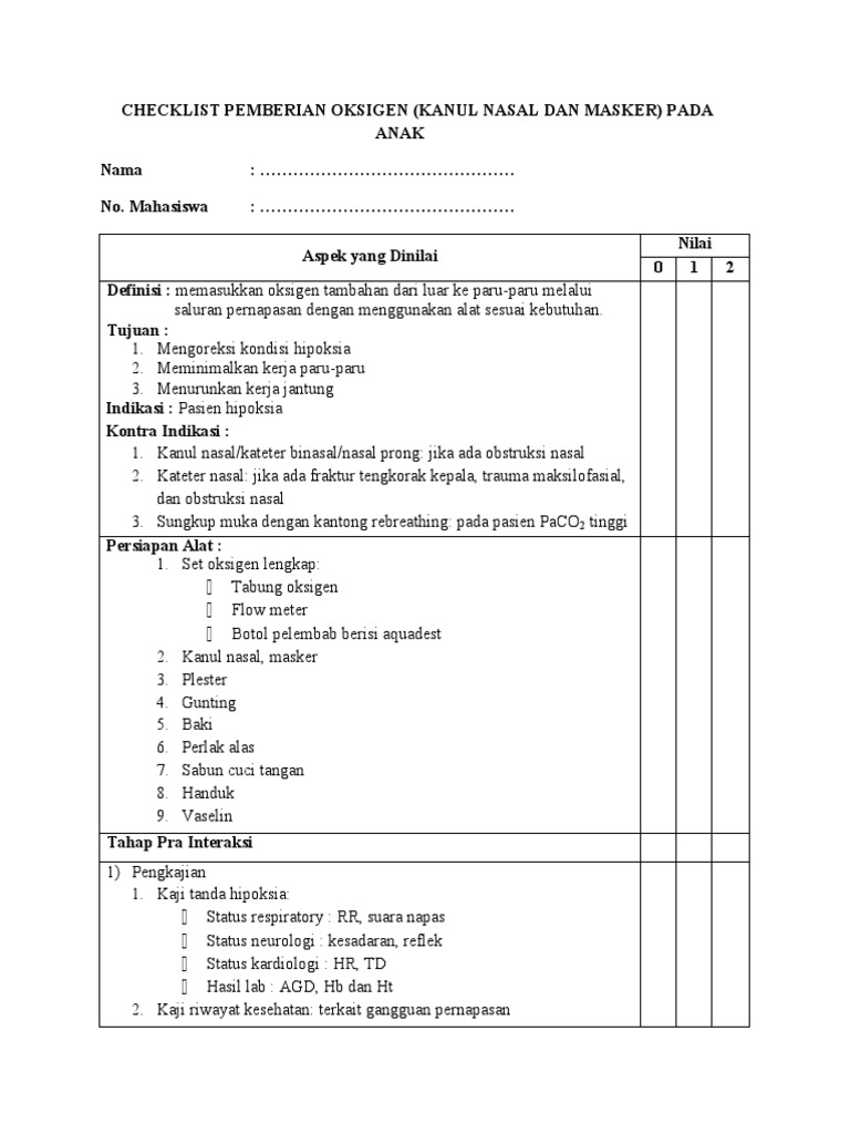 Checklist Pemasangan Oksigen Bayi | PDF