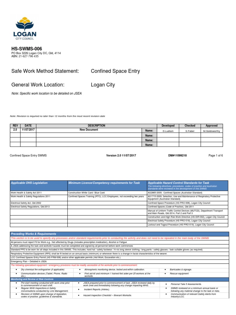 Confined Space Entry SWMS Guidelines | PDF | Personal Protective ...