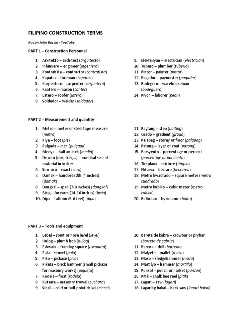 Filipino Construction Terms and Their English Equivalents | PDF | Truss ...