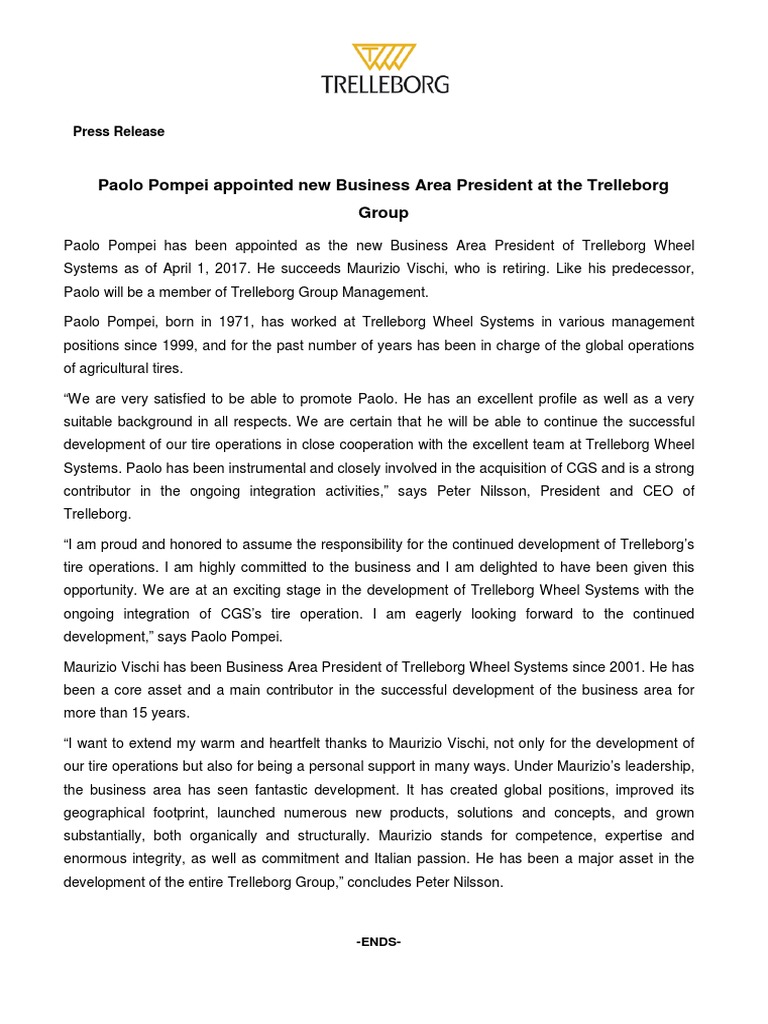 PR Paolo Pompei Appointed New Business Area President at The Trelleborg ...