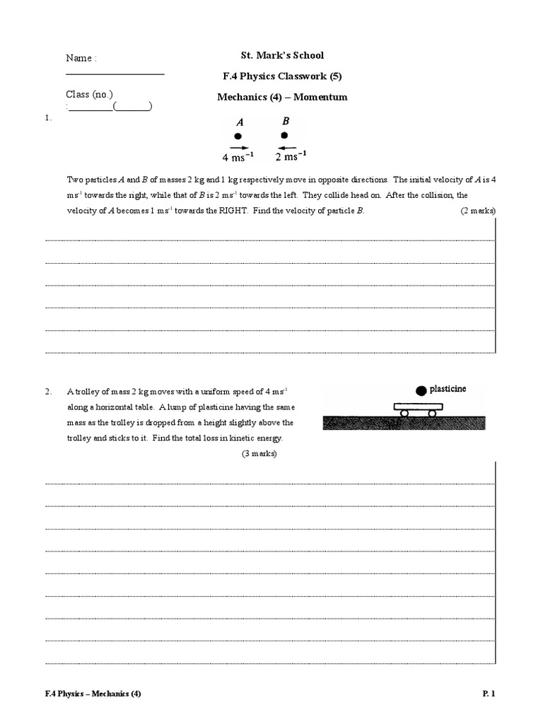 F.4 Physics Mechanics Exercise (4) Momentum | PDF | Momentum | Collision