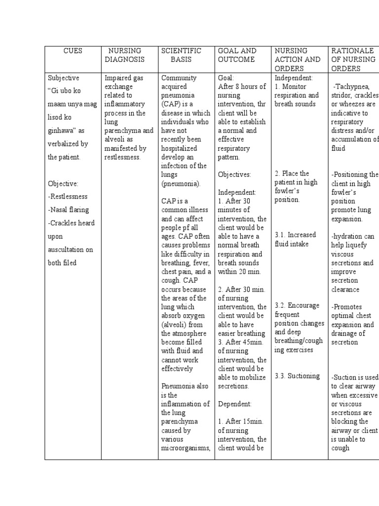 Nursing Care Plan for Community Acquired Pneumonia | PDF | Pneumonia ...