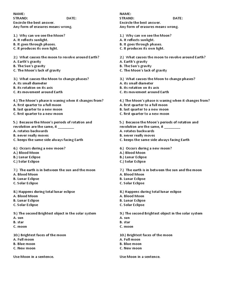 Moon Phases and Eclipses Quiz | PDF | Eclipse | Solar Eclipse