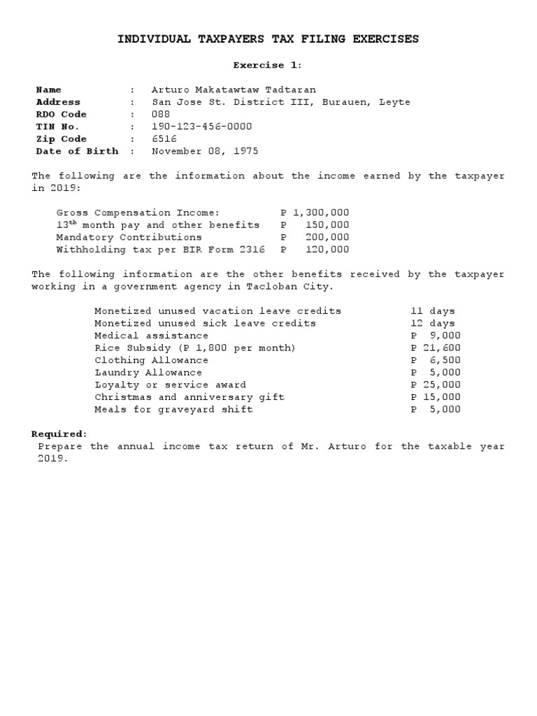 Individual Taxpayer Filing Exercises | PDF | Income Tax | Tax Deduction