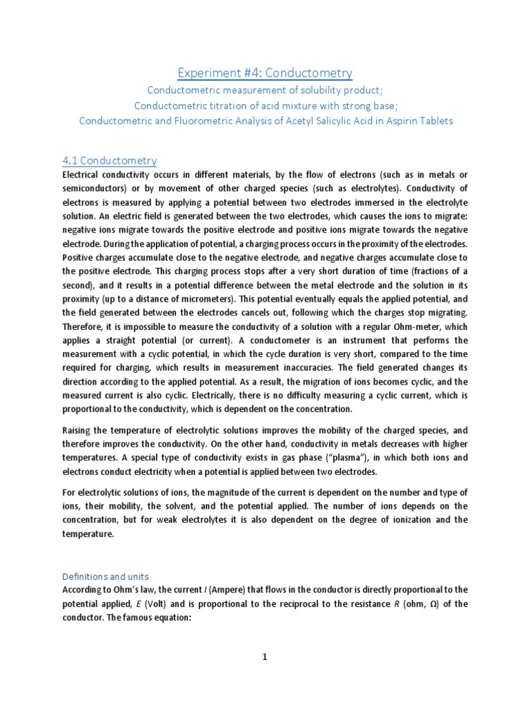 Experiment 4 - Conductometry PDF | PDF | Electrical Resistivity And ...