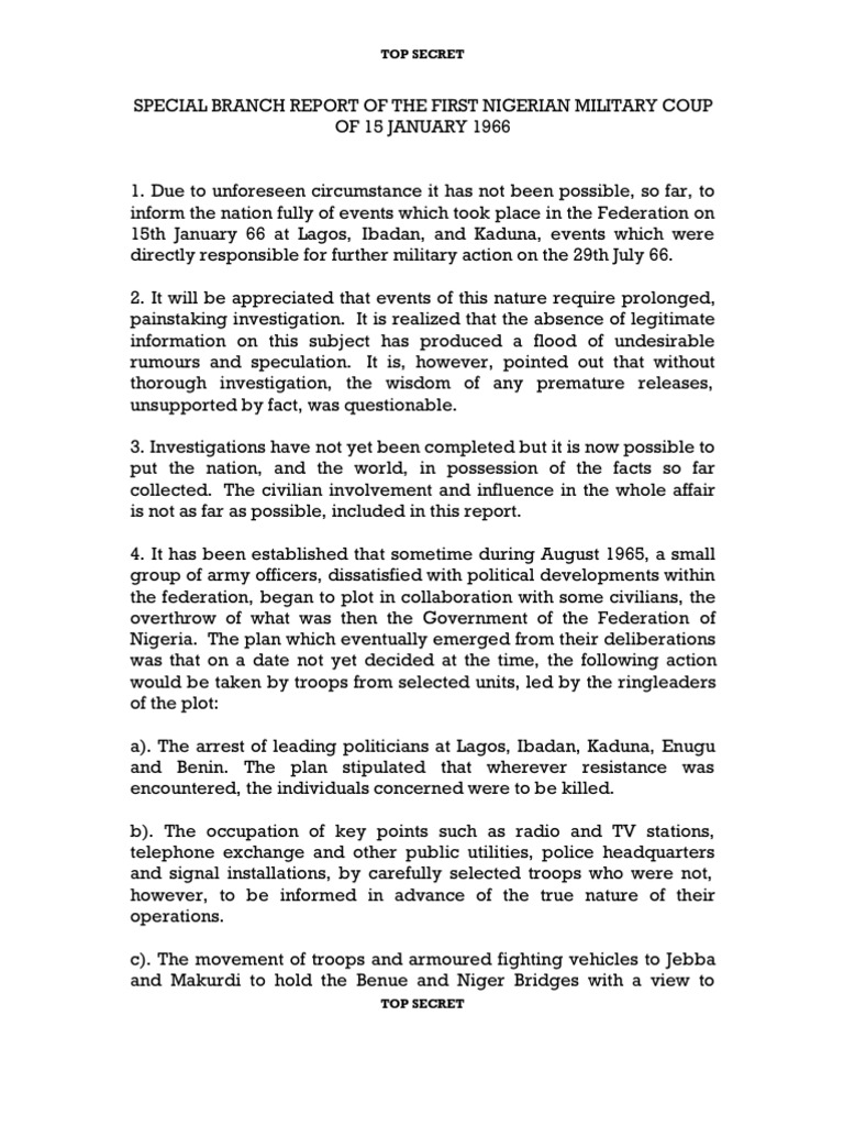 Leaked Special Branch Report of The First Nigerian Coup 15 Jan 1966 ...