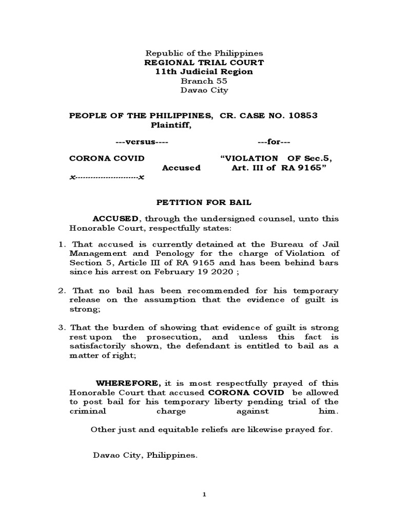 Petition For Bail | PDF | Bail | Prosecutor