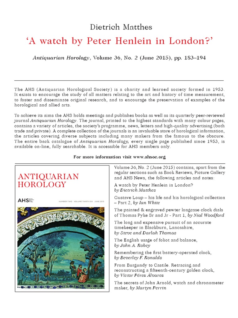 A Watch by Peter Henlein in London | PDF | Clock | Horology