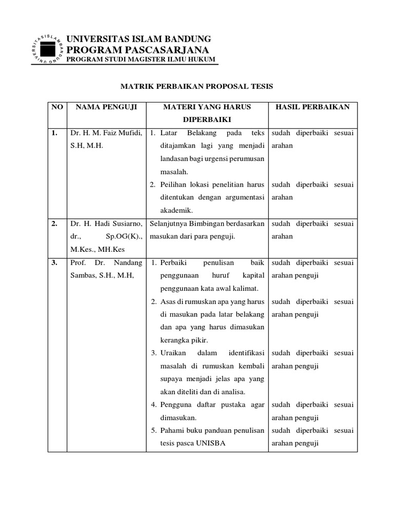 Matrik Perbaikan Proposal Tesis PDF | PDF