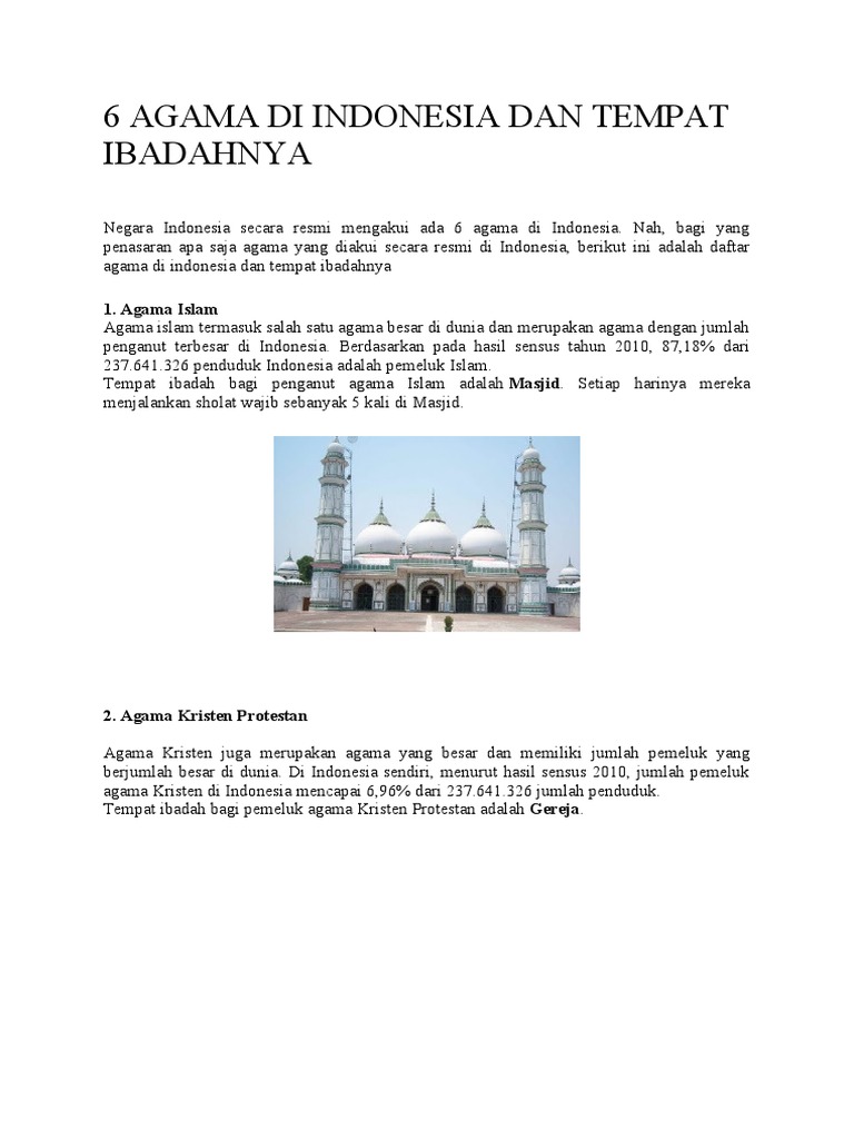6 Agama Di Indonesia Dan Tempat Ibadahnya | PDF