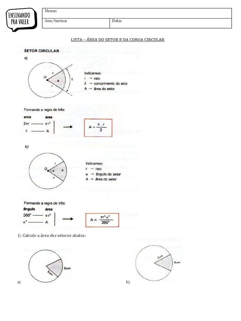 8o Ano - Exercício - Area Do Setor Circular e Da Coroa Circular | PDF ...